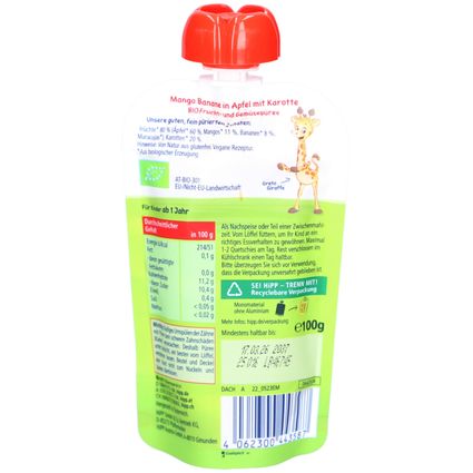 HiPP HiPPiS Mango Banane in Apfel mit Karotte ab 1 Jahr 100 g - Shop Apotheke
