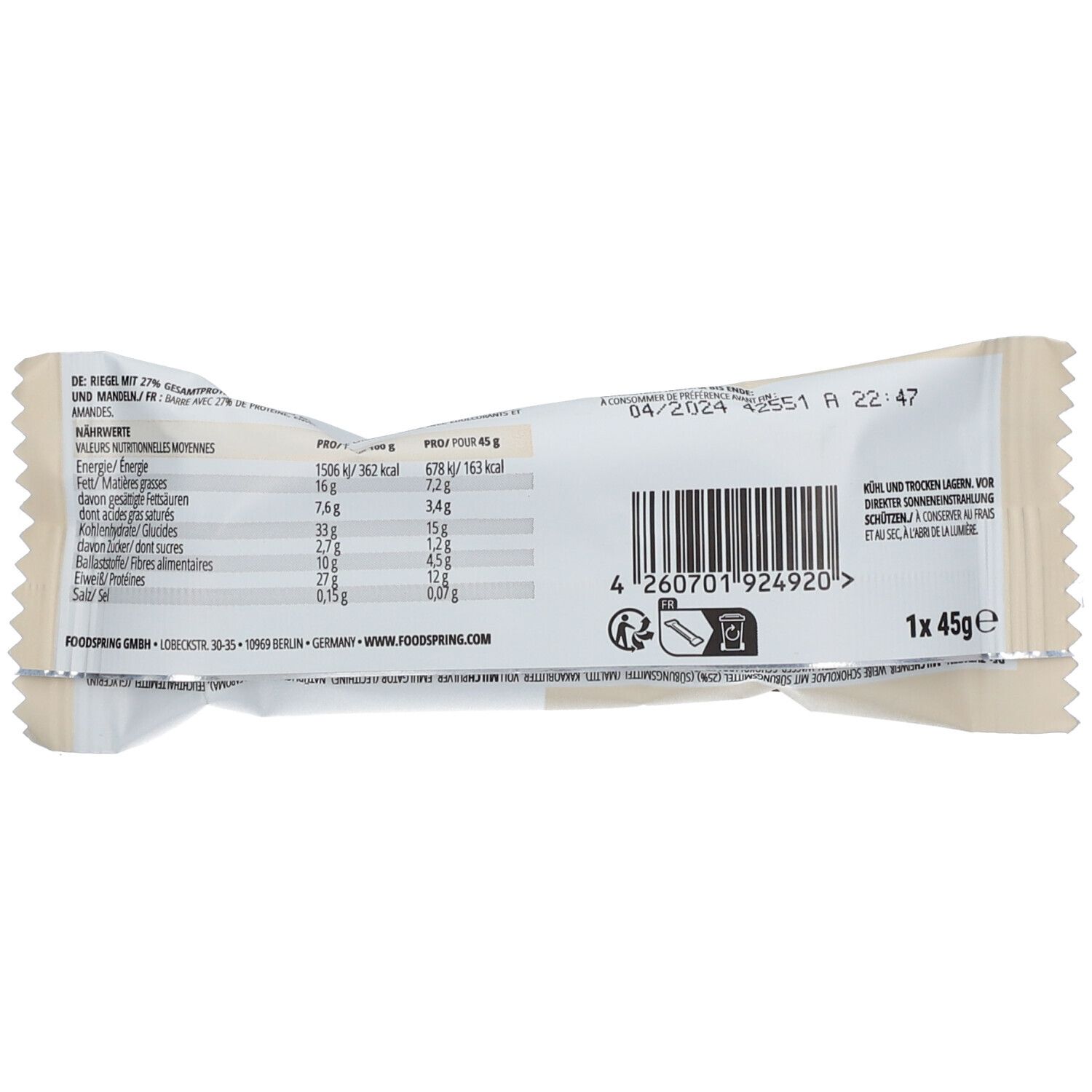 foodspring® Extra Chocolate Protein Bar Weiße-Schoko-Mandel 45 g - Shop ...